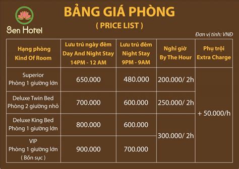 Bảng giá khách sạn theo Ngày tại Sen Hotel Thanh Xuân Hà Nội Sen Hotel