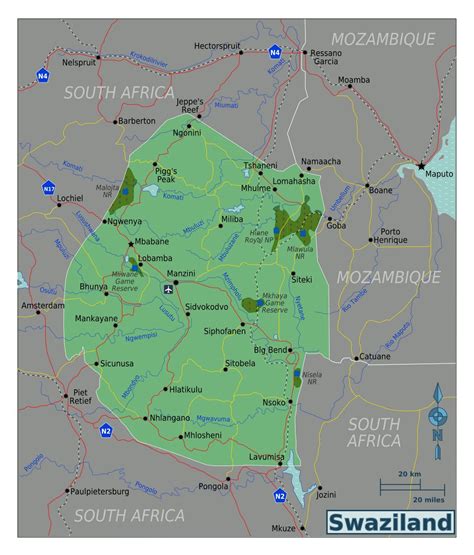 Large Map Of Swaziland With Cities Swaziland Africa Mapsland