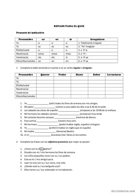Presente de indicativo adjetivos p Español ELE hojas de trabajo pdf