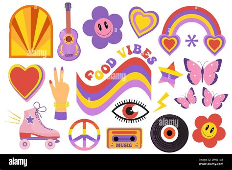 Retro S Hippie Sticker Objects Set Psychedelic Trippy Groovy