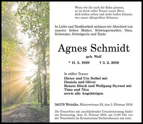 Traueranzeigen Von Agnes Schmidt Rz Trauer De
