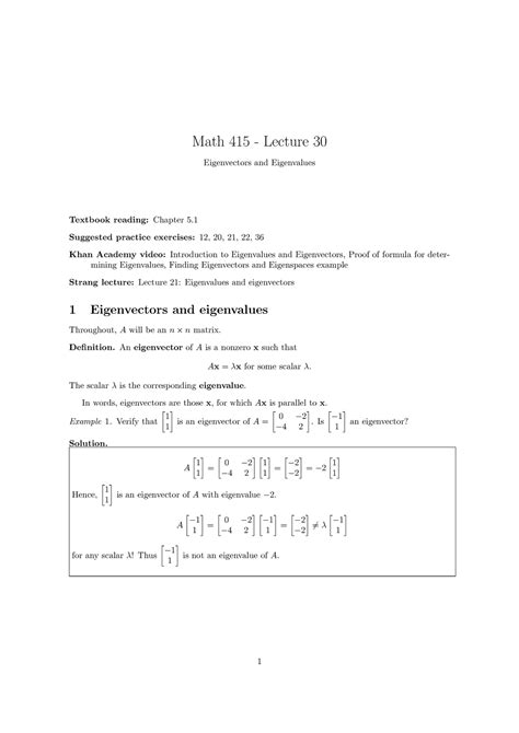 lecture 30 math 415 lecture 30 eigenvectors and eigenvalues textbook reading chapter 5