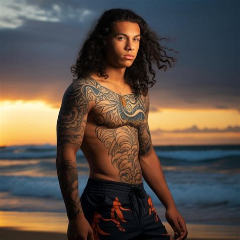 Premium AI Image A Man With A Tattoo On His Chest Stands On The Beach