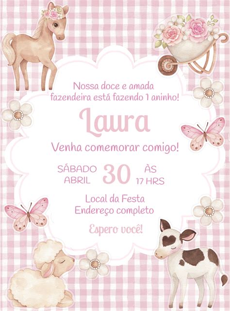 Convite aniversário Fazendinha Aquarela Edite grátis nosso editor