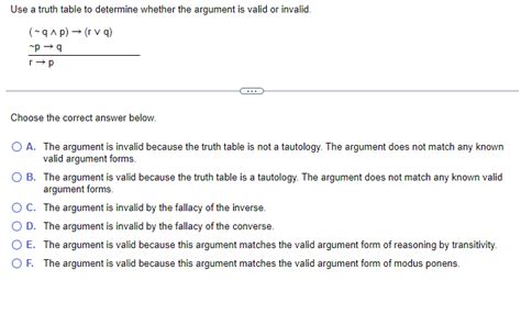 solved use a truth table to determine whether the argument