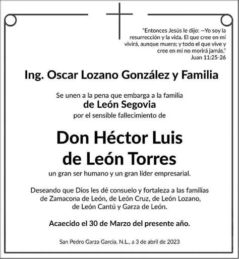 Sr Héctor Luis de León Torres Obituario Esquela