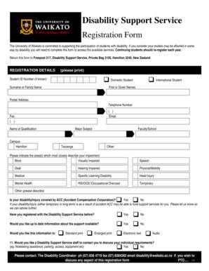 Fillable Online Waikato Ac Disability Registration Forms The