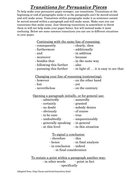 Fillable Online Transitions For Persuasive Pieces Fax Email Print