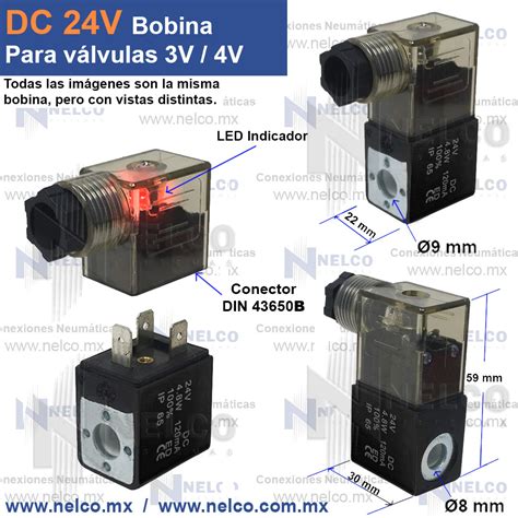 Solenoide 24V DC Para Valvula Neumatica Con Conector DIN Con Led