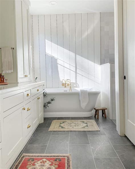 White Farmhouse Shiplap Bathroom With Light Gray Tile Soul Lane