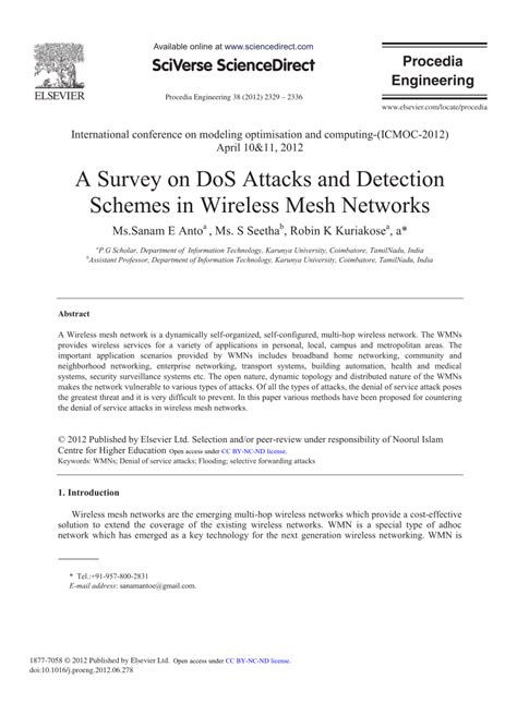 pdf a survey on dos attacks and detection schemes in wireless mesh networks