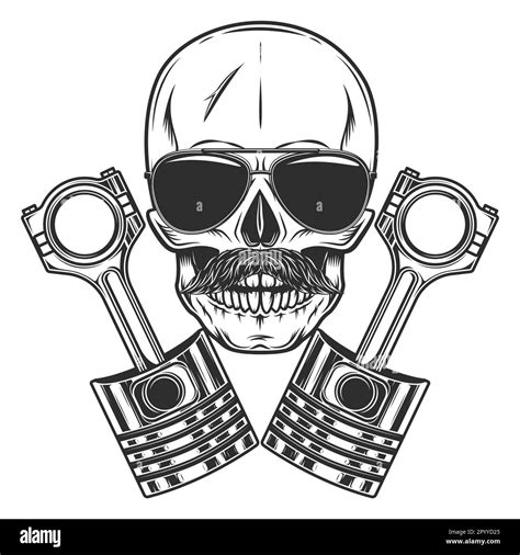 Motorcyclist Biker Skull With Mustache In Sunglasses With Crossed