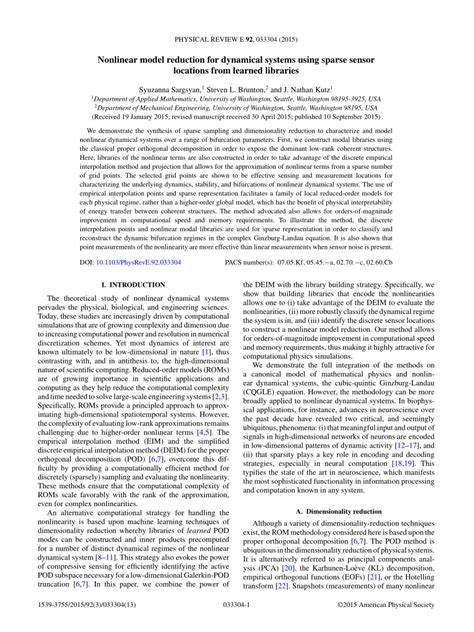 pdf nonlinear model reduction for dynamical systems using sparse sensor locations from learned