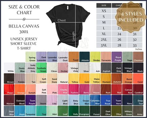 Bella Canvas 3001 Color Chart Unisex T Shirt Color And Size Chart