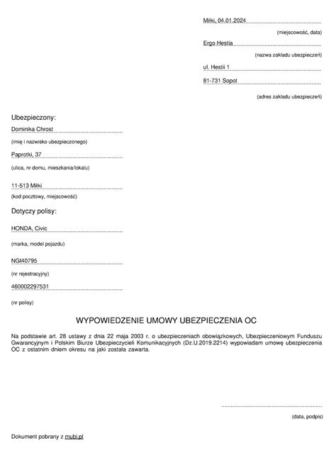 Wypowiedzenie Ubezpieczony Dotyczy Polisy WYPOWIEDZENIE UMOWY