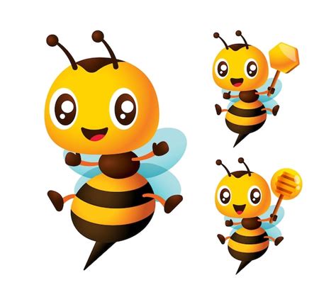 Conjunto de linda abeja de dibujos animados con cucharón de miel y