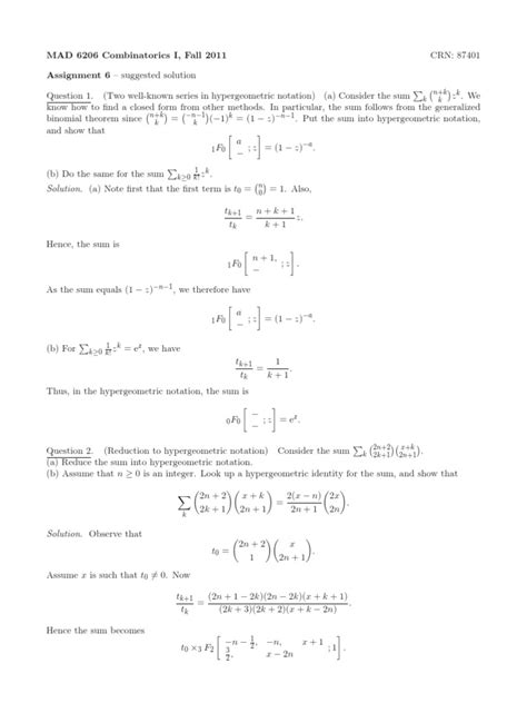 hypergeometric notation and sum identities solutions to assignment 6 problems on combinatorics