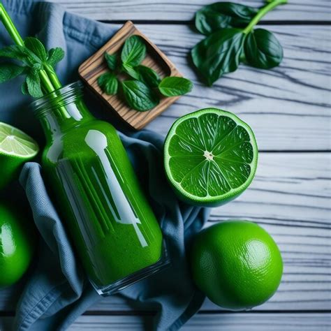 Suco Verde Um Canudo Ao Lado E Uma Garrafa De Suco De Lim O Foto