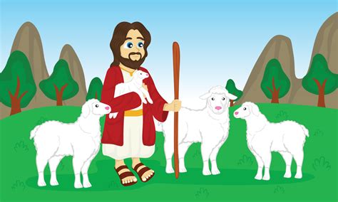 Jesus The Good Shepherd With His Sheep On A Green Meadow Bible