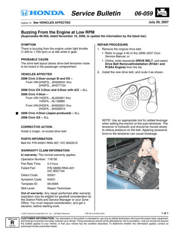 Honda Civic 2006 Service Bulletin Buzzing From The Engine At Low RPM