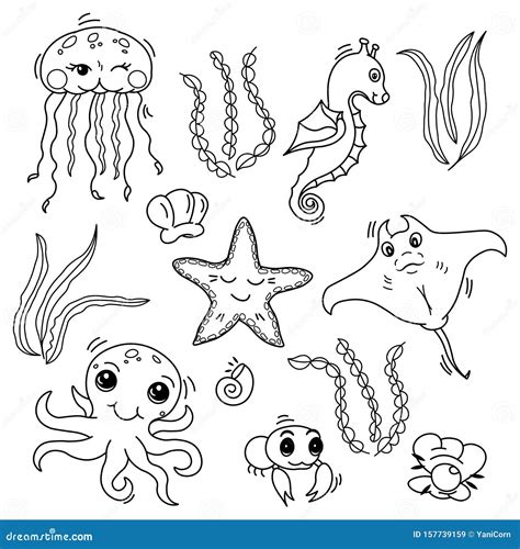 Conjunto De Criaturas Do Mar Bonitinhas Para O Livro De Colorir Bebês