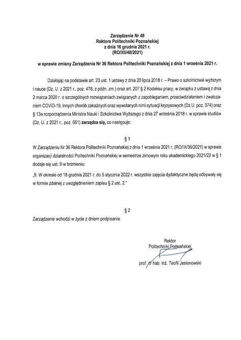 Zarządzenie Rektora w sprawie organizacji działalności Politechniki