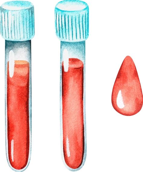 Tubos de ensayo con sangre y una gota ilustración acuarela Vector Premium