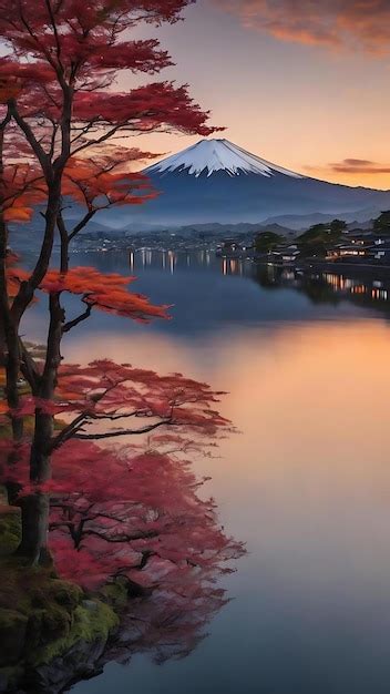 Premium AI Image Fuji Mountain And Kawaguchiko Lake At Sunset Autumn