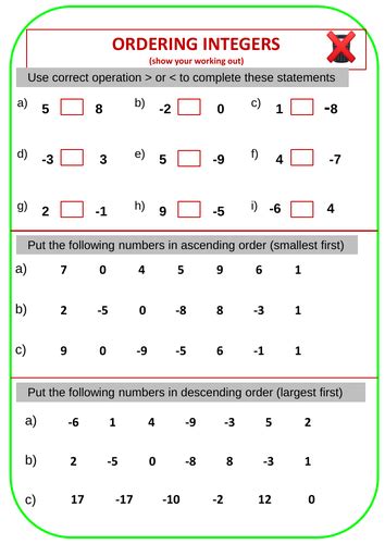 ordering integers worksheets with answers teaching resources