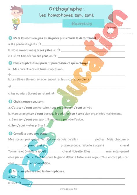 Les Homophones Grammaticaux Son Sont Exercices D Orthographe Pour Le
