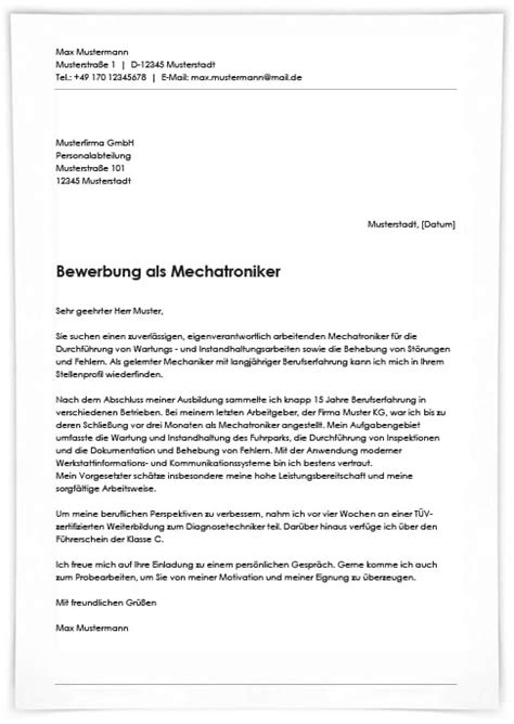 Bewerbung Als Mechatroniker Mechatronikerin Lebenslaufmuster De