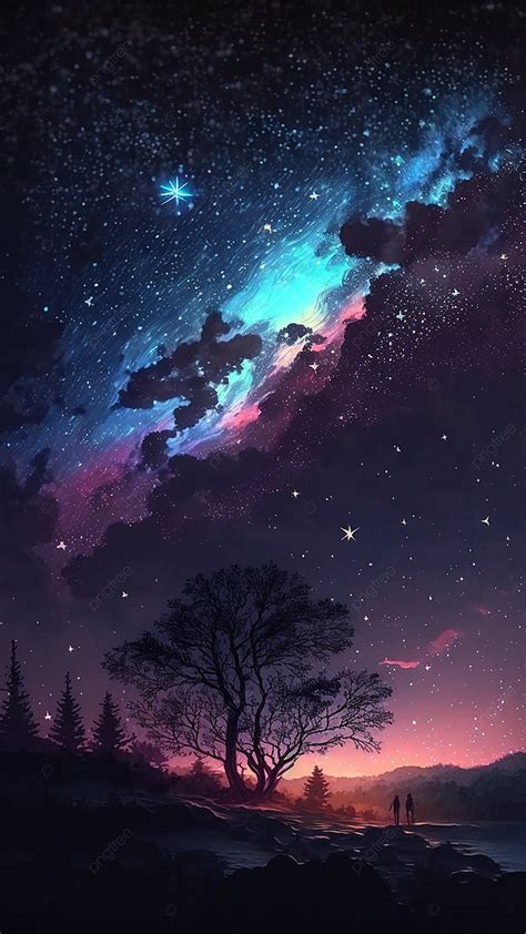 Starry Sky Tree Silhouette Beautiful Background Wallpaper Image For