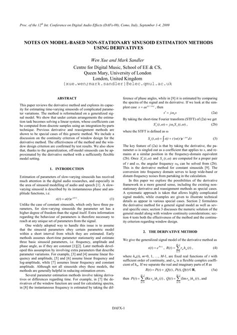 pdf notes on model based non stationary sinusoid estimation methods using derivatives