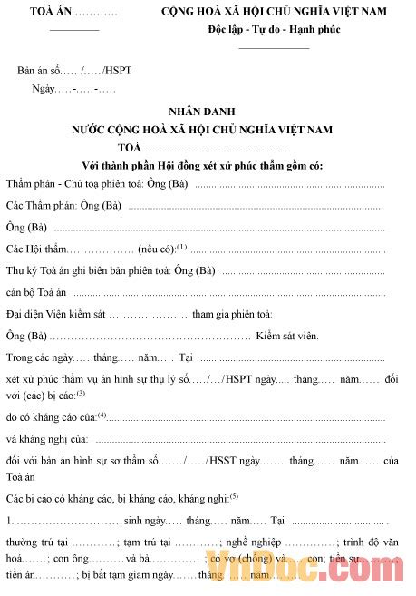 Mẫu bản án hình sự phúc thẩm Bản án hình sự phúc thẩm HoaTieu vn