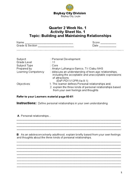 quarter 2 week no 1 activity sheet no 1 topic building and maintaining relationships pdf
