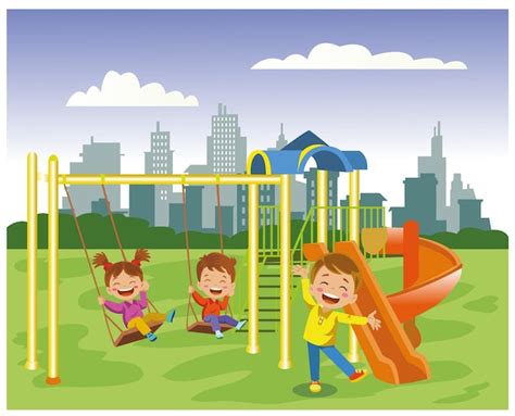 Niños felices jugando en el patio de recreo Vector Premium