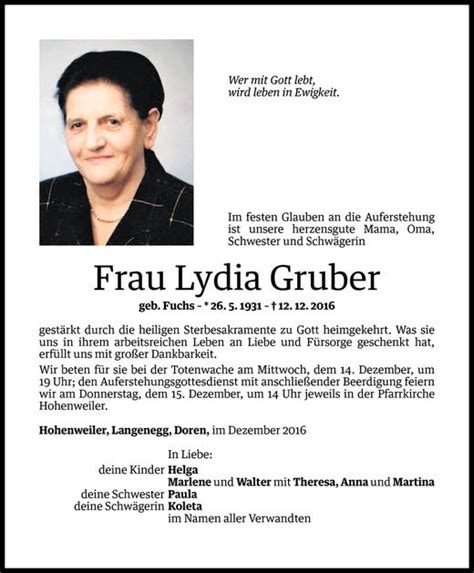 Todesanzeigen Von Lydia Gruber Todesanzeigen Vorarlberger Nachrichten