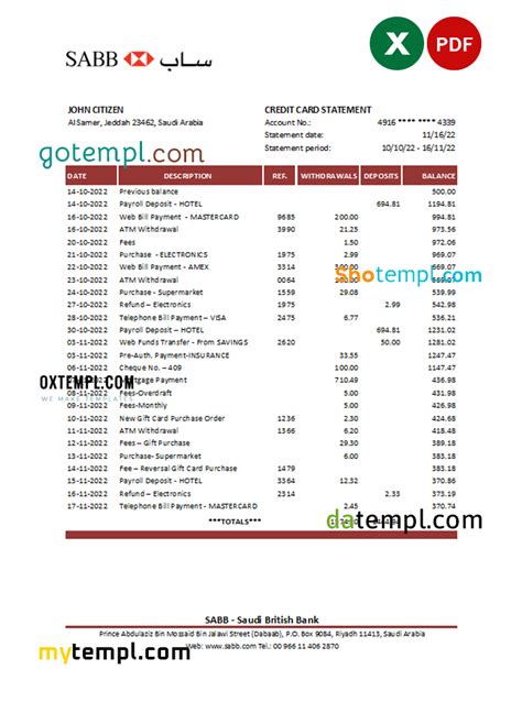 Saudi Arabia SABB Bank Statement Excel And PDF Template DOCTEMPL