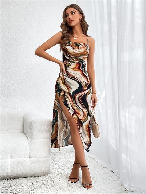 SHEIN Privé Vestido de tirantes con estampado de mármol con cordón de