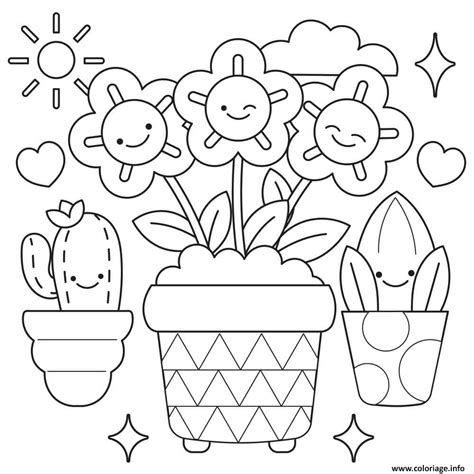 Coloriage Pots De Fleurs Cactus Printemps Kawaii Dessin Printemps à