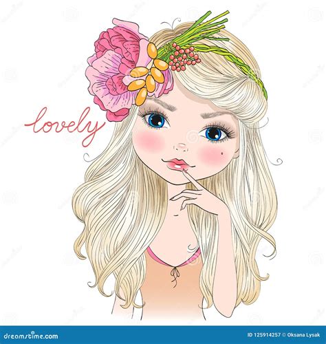 Hand Drawn Beautiful Cute Blonde Girl In A Wreath Of Flowers Stock Vector Illustration Of