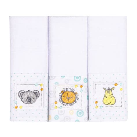 Kit Paninho De Boca Animais Bordado na Faixa 3 Pcs Papi Cia Bebê