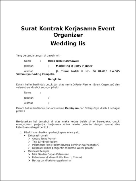 Contoh Surat Perjanjian Kerja Tempat Dan Tanggal Perjanjian Kerja The