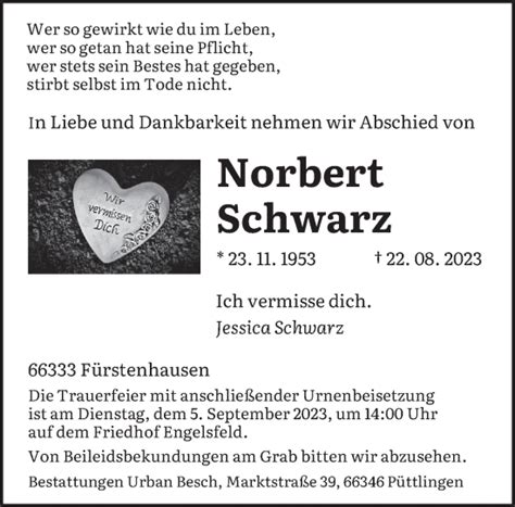 Traueranzeigen Von Norbert Schwarz Saarbruecker Zeitung Trauer De