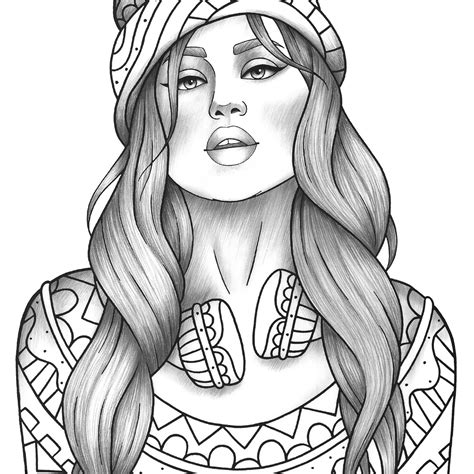 Adult coloring page girl portrait with headphones and knitted Etsy España