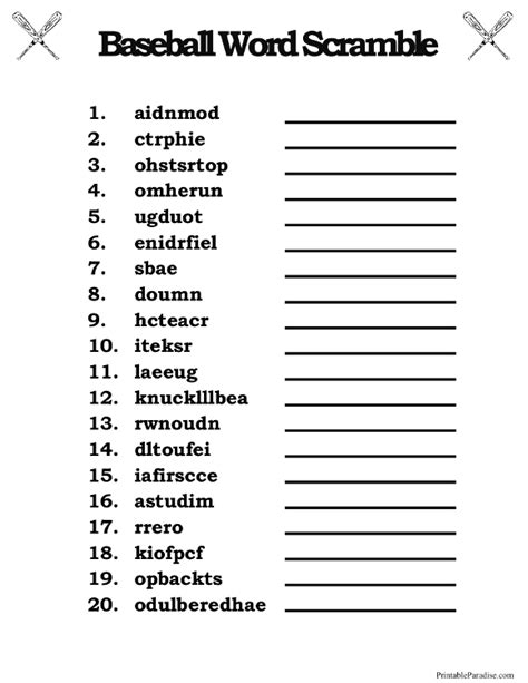 Printable Baseball Word Scramble Game