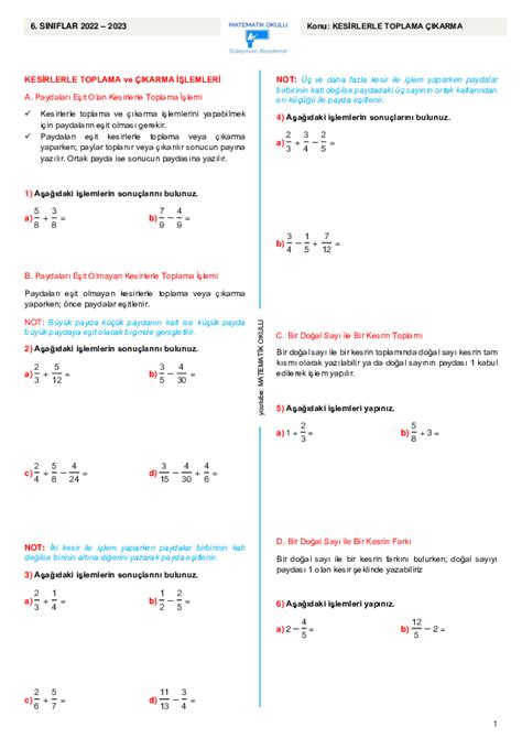 6 Sınıf Matematik Kesirlerde Toplama ve Çıkarma Çalışma Kağıdı DersLig