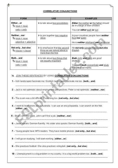 Correlative Conjunctions Esl Worksheetdulcinha Db Excel