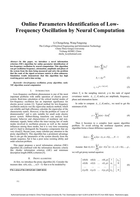 pdf online parameters identification of low frequency oscillation by neural computation