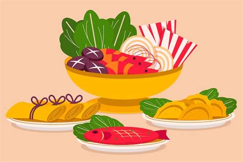 Coleção de comida para jantar de reunião de ano novo chinês plana